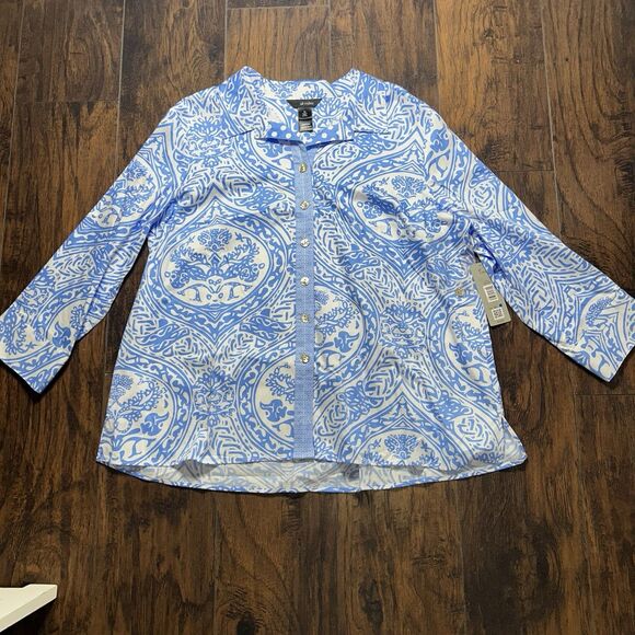 Ali Miles | Tops | Ali Miles Blue White Tunic Blouse Resort Wear Cotton ...